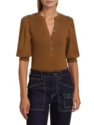 Veronica Beard Coralee Ribbed Puff-sleeve Top - Ochre