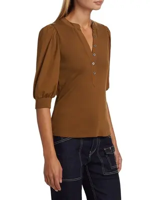 Veronica Beard Coralee Ribbed Puff-sleeve Top - Ochre