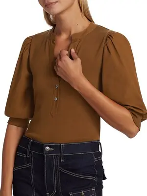 Veronica Beard Coralee Ribbed Puff-sleeve Top - Ochre