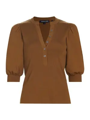 Veronica Beard Coralee Ribbed Puff-sleeve Top - Ochre