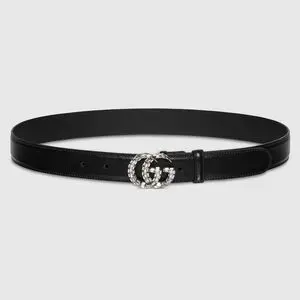 Gucci Gg Marmont Thin Belt With Crystals - Black