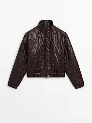 Massimo Dutti Quilted Nappa Leather Bomber Jacket - Brown