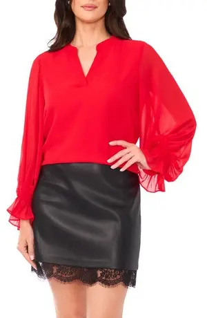 Vince Camuto Ruffle Cuff Split Neck Blouse - Bright Red