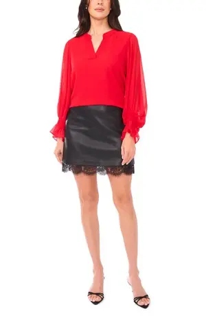 Vince Camuto Ruffle Cuff Split Neck Blouse - Bright Red