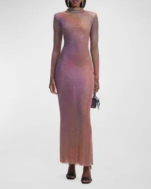 self portrait pink rhinestone dress PINK RHINESTONE MESH GATHERED MIDI DRESS