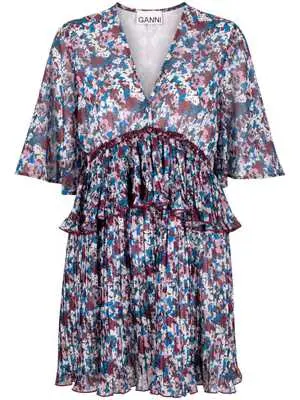 GANNI Pleated Floral-print Minidress - Blue