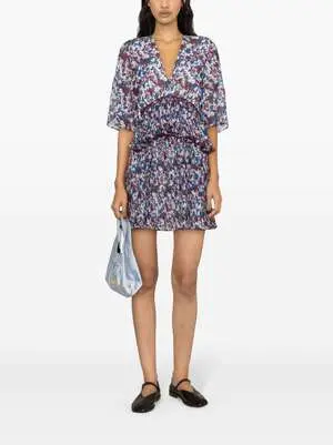 GANNI Pleated Floral-print Minidress - Blue
