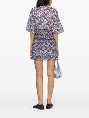 GANNI Pleated Floral-print Minidress - Blue