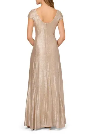 Adrianna Papell Metallic Drape Neck Gown - Alabaster
