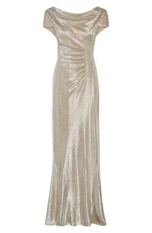 Adrianna Papell Metallic Drape Neck Gown - Alabaster