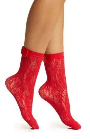 HIGH HEEL JUNGLE Coco Bow Lace Crew Socks - Red