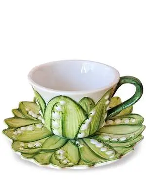 LES-OTTOMANS Lily Of The Valley Ceramic Teacup And Saucer - Green