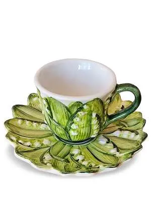 LES-OTTOMANS Lily Of The Valley Ceramic Coffee Cup And Saucer - Green