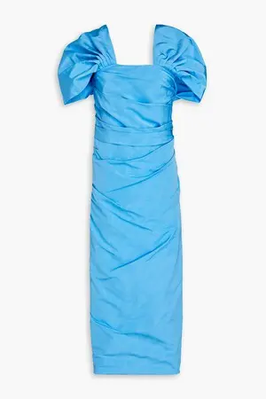Oscar De La Renta One-Shoulder Draped Cotton-Blend Faille Midi Dress - Azure