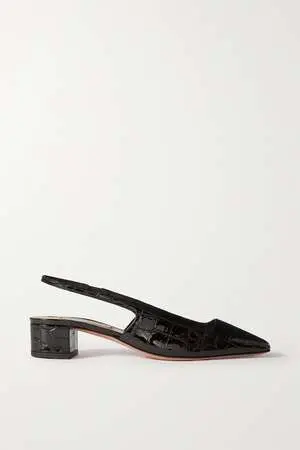 AQUAZZURA Ginza 35 Croc-effect Patent-leather Slingback Pumps - Black
