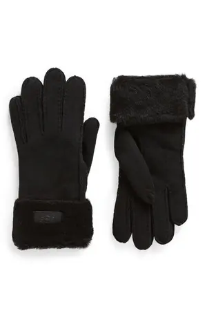 UGG Genuine Shearling Turn Cuff Leather Gloves - Black