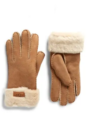 UGG Genuine Shearling Turn Cuff Leather Gloves - Chestnut