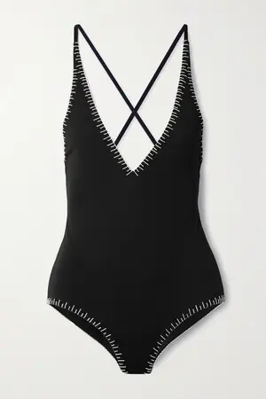 Marysia Sole Embroidered Seersucker Swimsuit - Black