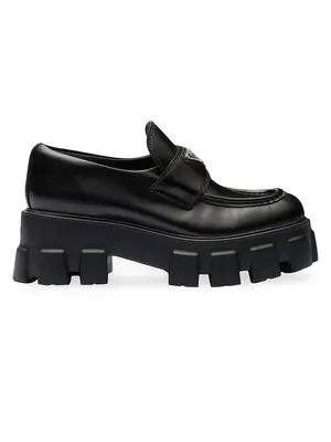 Prada Women's Brushed Leather Monolith Loafers - Black  - Black