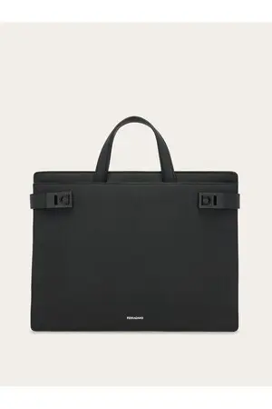 FERRAGAMO Hammered Calf Leather Briefcase With Hug Buckle - Black