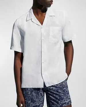 Vilebrequin Men & Apos;s Garment-dyed Linen Camp Shirt Blanc