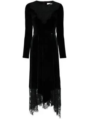 NISSA Lace Insert Velvet Dress - Black