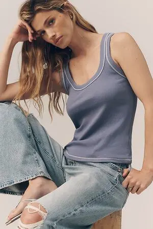 PILCRO Scoop Neck Ribbed Tank Top - Iris Flower