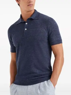 Brunello Cucinelli Ribbed-collar Slub-texture Polo Shirt - Blue