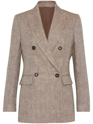 Brunello Cucinelli Double-breasted Herringbone Linen Blazer - Brown