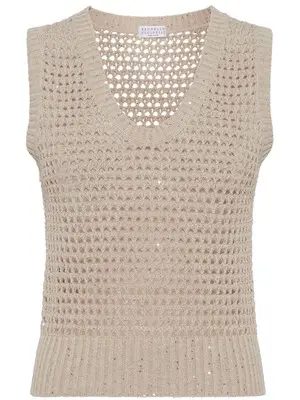 Brunello Cucinelli Sequin-embellished Open-knit Vest - Neutrals