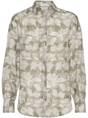 Brunello Cucinelli Leaf-print Silk Shirt - Green
