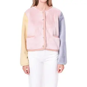 English Factory Colorblock Faux Fur Jacket - Pink Multi