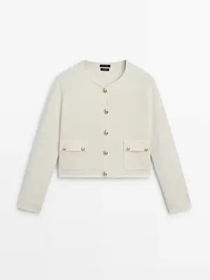 Massimo Dutti Felted Wool Knit Cardigan - Cream