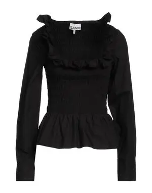 GANNI Ruched Organic Cotton Long Sleeve Top With Ruffles - Black