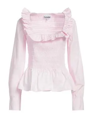 GANNI Ruched Organic Cotton Long Sleeve Top With Ruffles - Pink