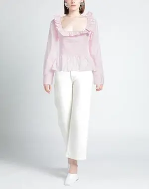 GANNI Ruched Organic Cotton Long Sleeve Top With Ruffles - Pink