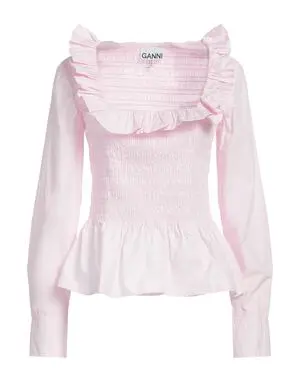 GANNI Ruched Organic Cotton Long Sleeve Top With Ruffles - Pink