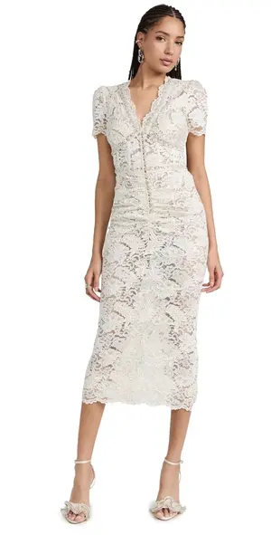 Self-Portrait Cord Lace V Neck Midi Dress In Cream - 50% Off | Editorialist