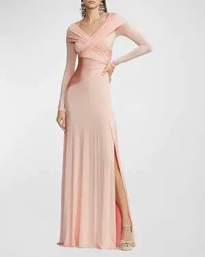 Ralph Lauren Off-Shoulder Wrap Column Gown - Pink | Editorialist