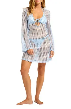 Seafolly Mesh Effect Long Sleeve Cover-up Dress - Powder Blue/white