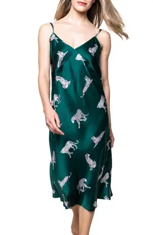 PETITE PLUME Panther Print Mulberry Silk Nightgown - Green