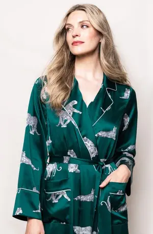 PETITE PLUME Panther Print Piped Mulberry Silk Robe