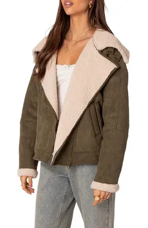 EDIKTED Oversized Faux Shearling And Faux Suede Jacket