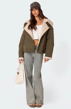 EDIKTED Oversized Faux Shearling And Faux Suede Jacket