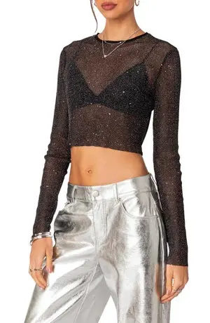 EDIKTED Marly Sequin Sheer Crop Top