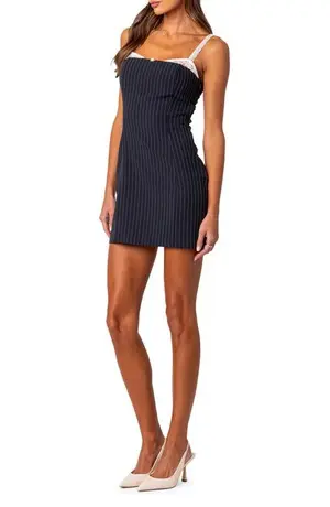 EDIKTED Pinstripe Mini Dress With Lace Detail