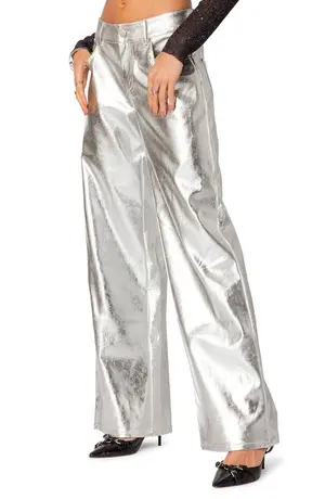 EDIKTED Metallic Faux Leather Wide Leg Pants