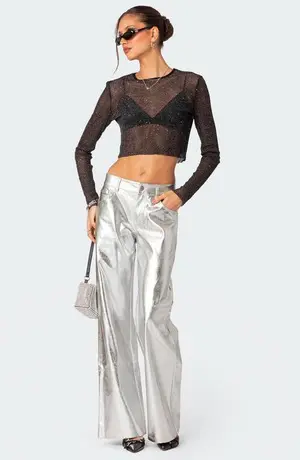 EDIKTED Metallic Faux Leather Wide Leg Pants