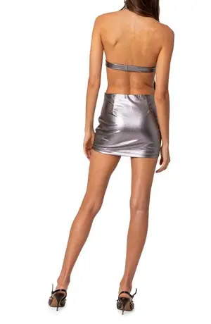 EDIKTED Metallic Plunge Neck Open Back Mini Dress