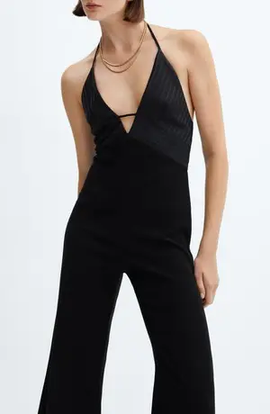 Mango Halter Neck Flare Leg Jumpsuit